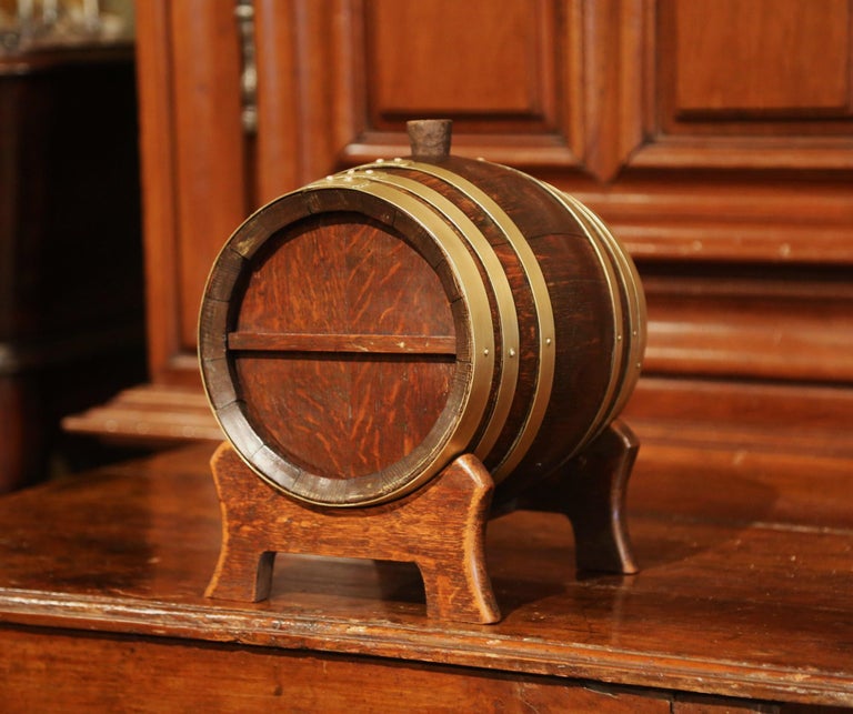 19th Century French Carved Wood and Brass Cognac Barrel on Stand at 1stDibs