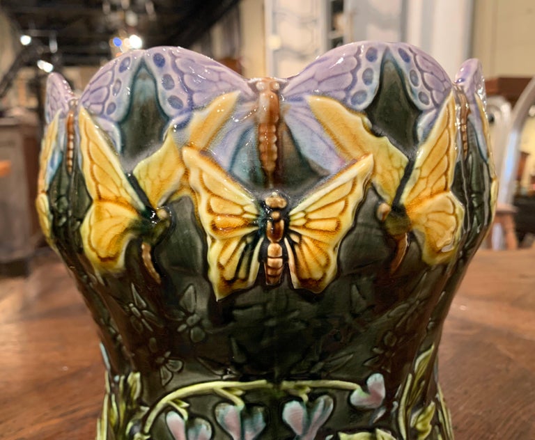 19th Century French Ceramic Barbotine Onnaing Cachepot with Butterfly ...