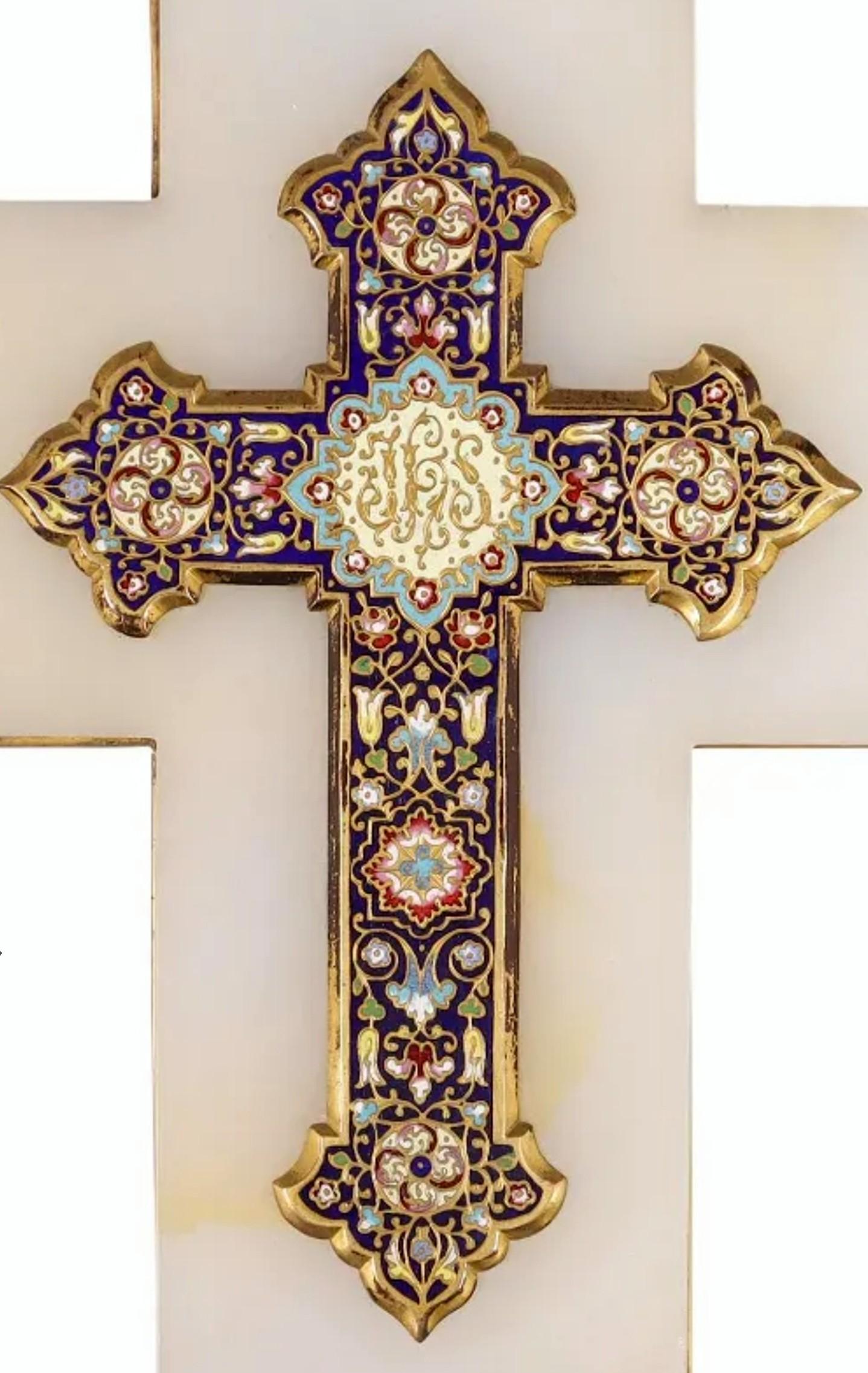 19th Century French Champlevé Enamel Cross and Holy Water Font Wall ...