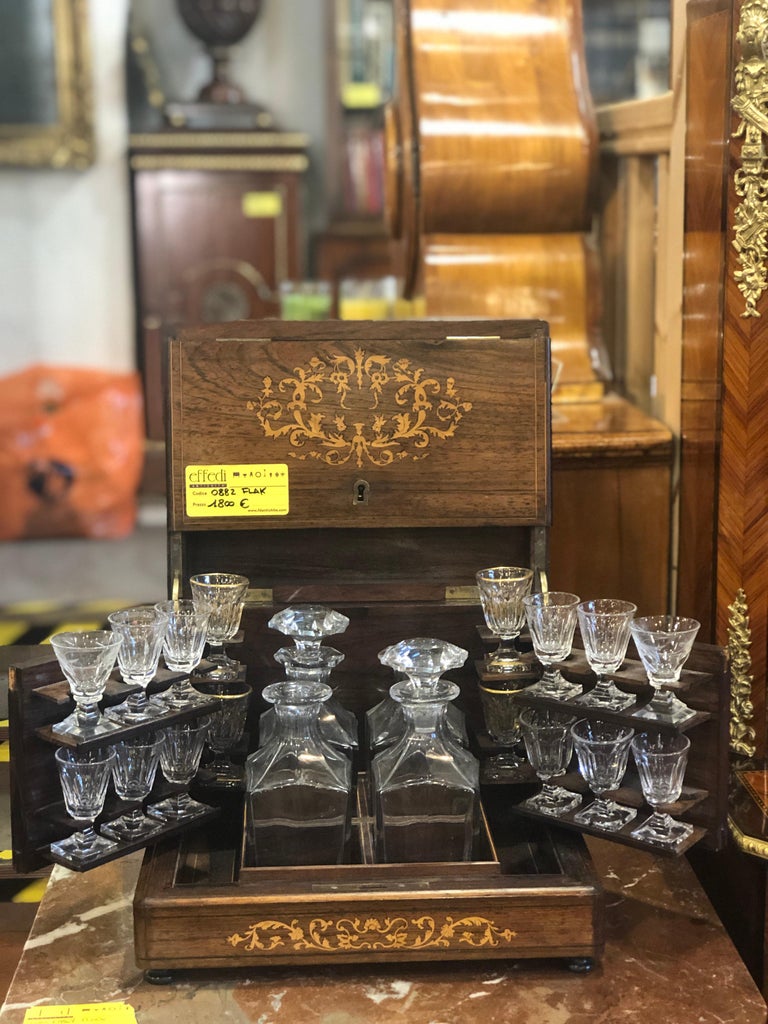 19th Century French Charles X Rosewood Inlay Tantalus Box, 1870s at 1stDibs