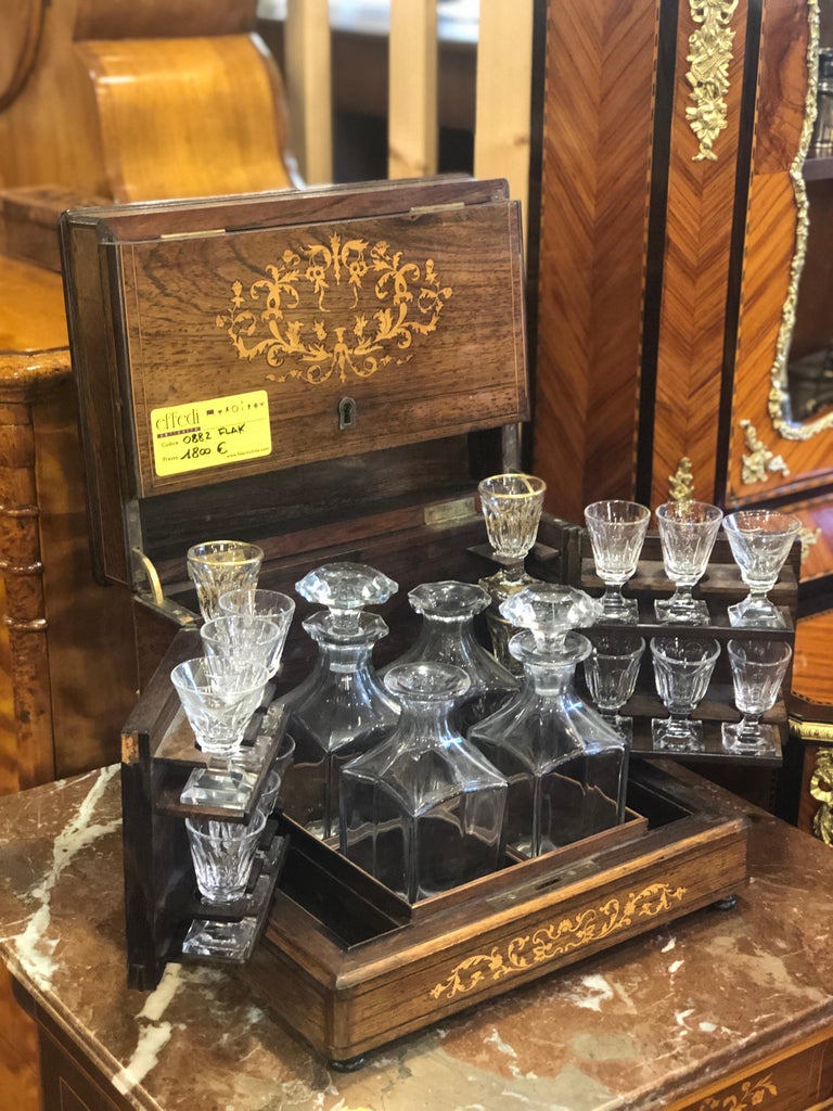 19th Century French Charles X Rosewood Inlay Tantalus Box, 1870s at 1stDibs