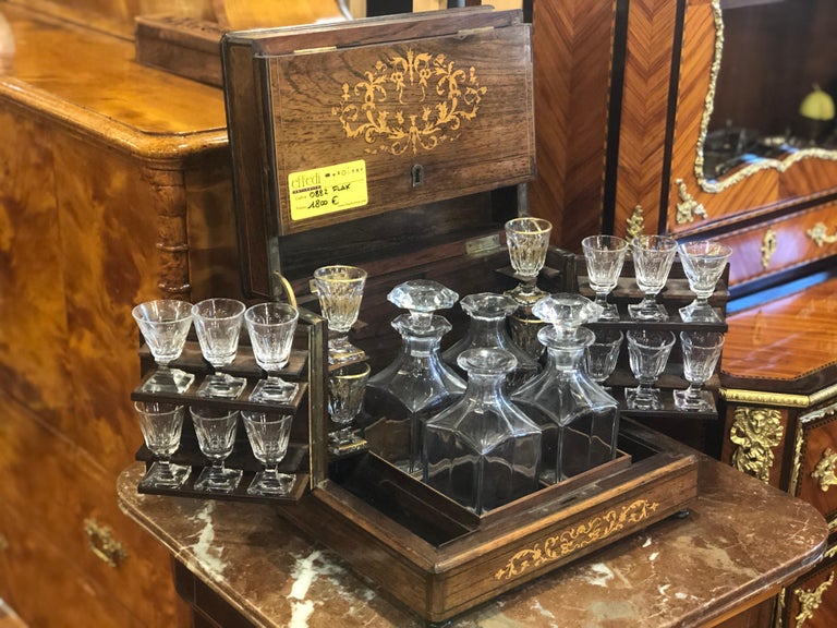 19th Century French Charles X Rosewood Inlay Tantalus Box, 1870s at 1stDibs