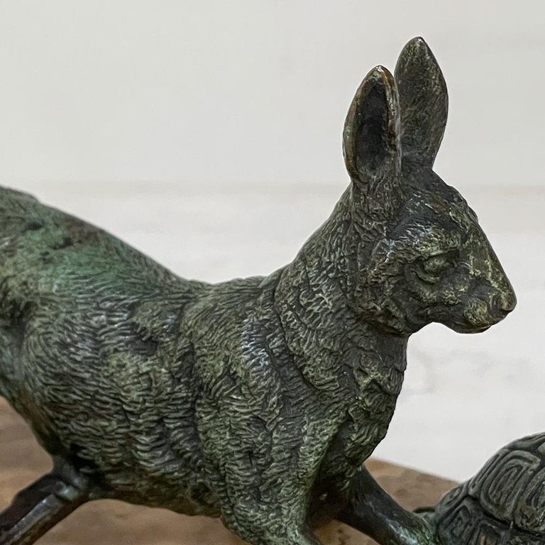 19th Century, French, Cold Painted Bronze on Onyx, Tortoise and Hare ...