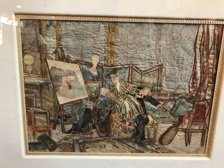 19th Century French Collage Drawing Watercolor on Silk and Paper ...