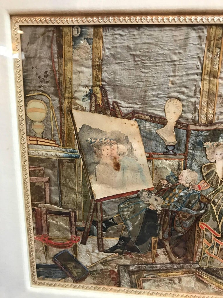 19th Century French Collage Drawing Watercolor on Silk and Paper ...