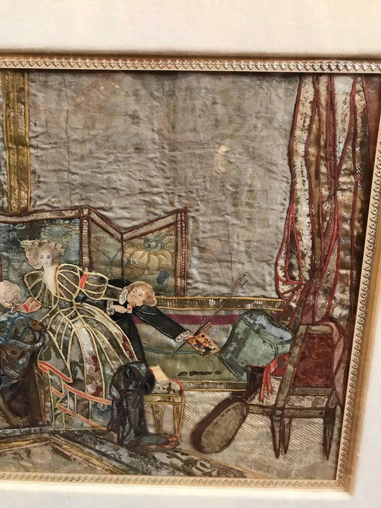 19th Century French Collage Drawing Watercolor on Silk and Paper ...