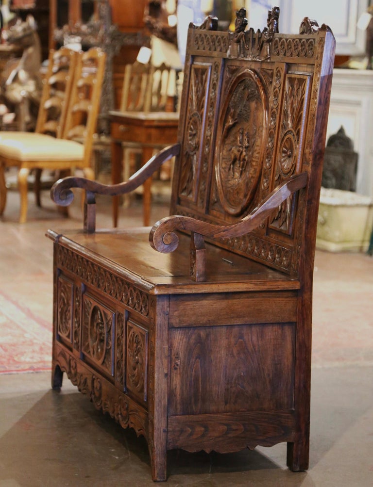 19th Century French Country Hand Carved Chestnut and Oak Bench from ...