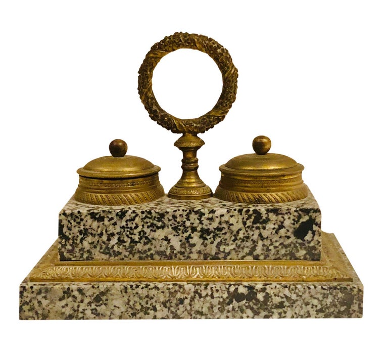 19th Century French Doré Bronze and Marble Inkwell For Sale at 1stDibs