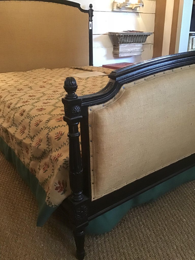 19th Century French Double Bed in Black Lacquered Wood and Jute from ...