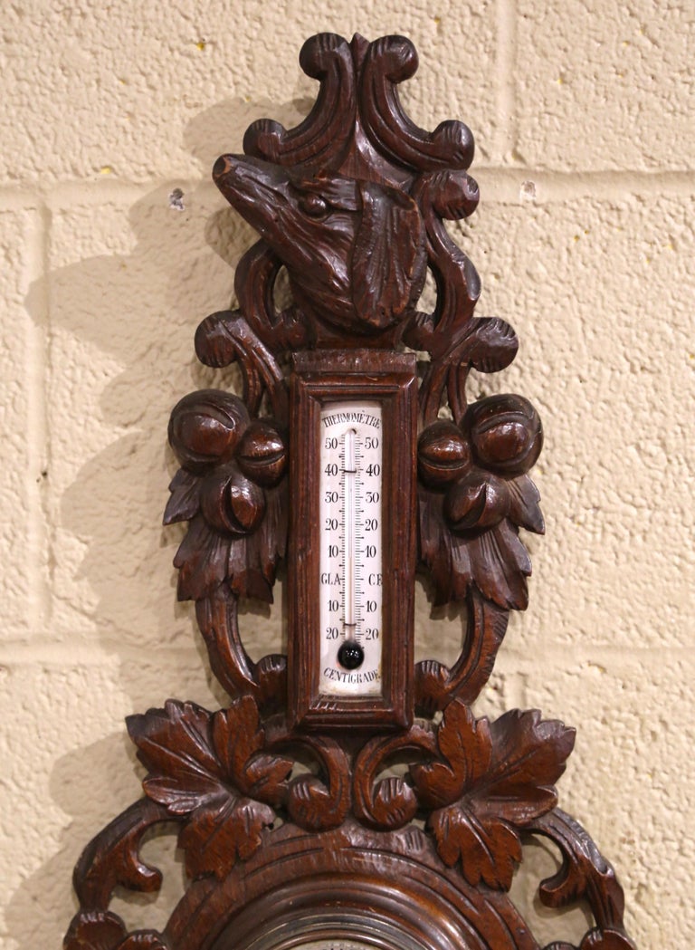 19th Century French Forest Carved Oak Barometer and Thermometer with ...