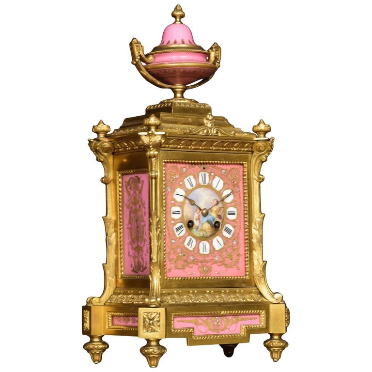 19th Century French Gilt Bronze and Pink Porcelain Mantel Clock at 1stDibs