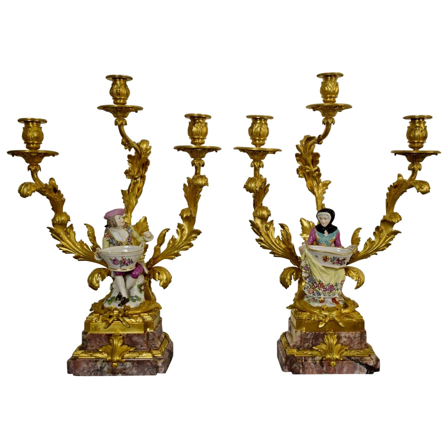 Pair of Gilt and Painted Porcelain Candlesticks, 19th Century at 1stDibs