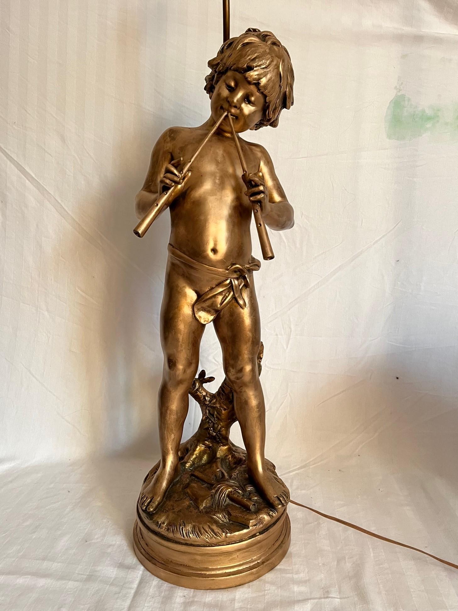 19th Century French Gilt Bronzed Sculpture “Boy with Flute”, Signed Aug ...