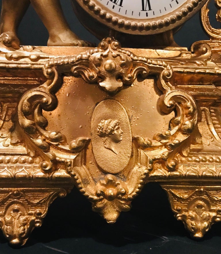19th Century French Gilt Mantel Clock with Wood Base, Girl with Bird at ...