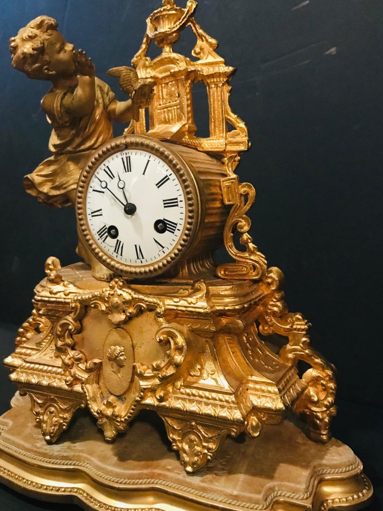 19th Century French Gilt Mantel Clock with Wood Base, Girl with Bird at ...