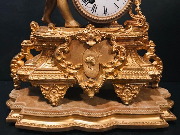 19th Century French Gilt Mantel Clock with Wood Base, Girl with Bird at ...