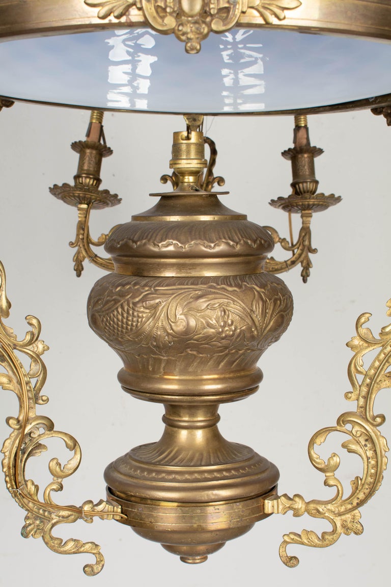 19th Century French Glass and Brass Oil Lamp Chandelier For Sale at 1stDibs