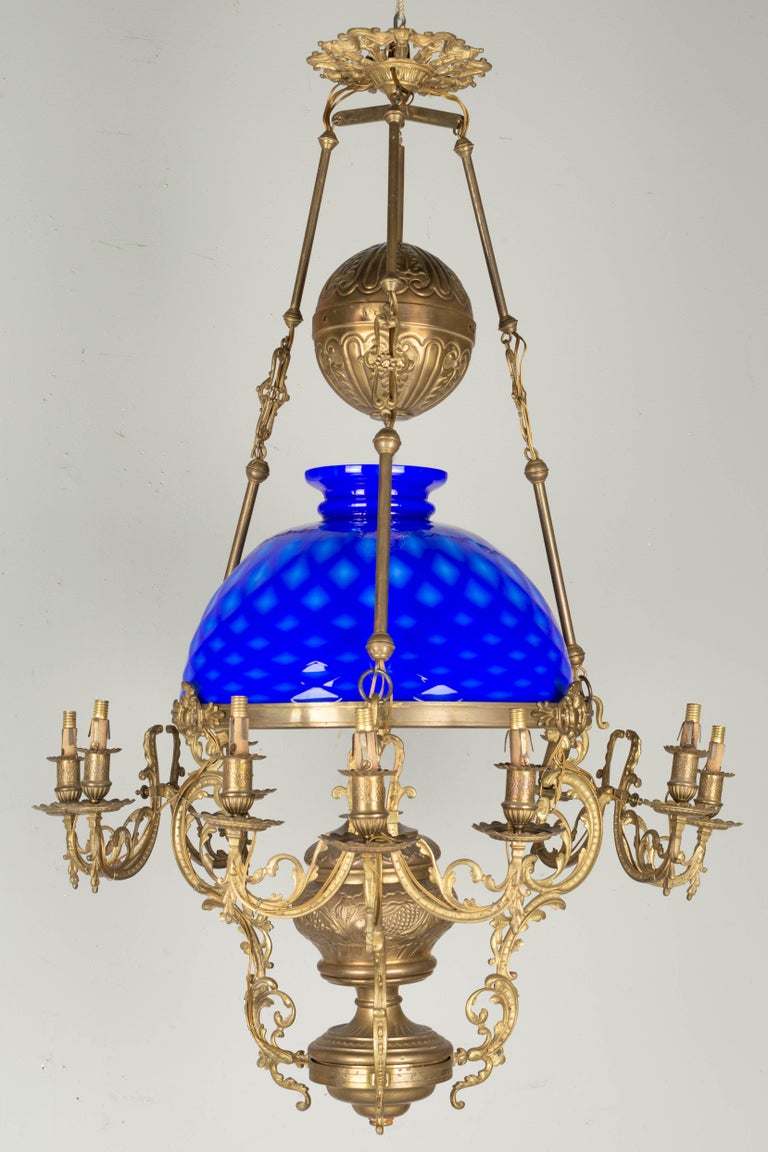 19th Century French Glass and Brass Oil Lamp Chandelier For Sale at 1stDibs