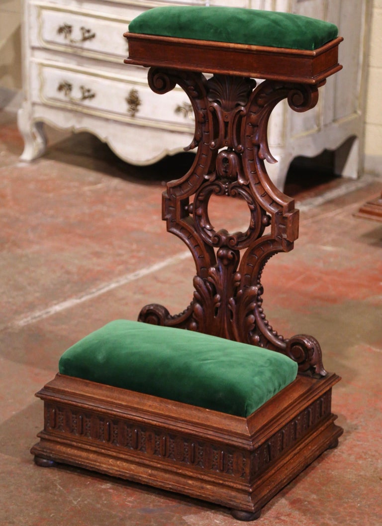 19th Century French Gothic Carved Oak and Velvet Prayer Kneeler Chair ...