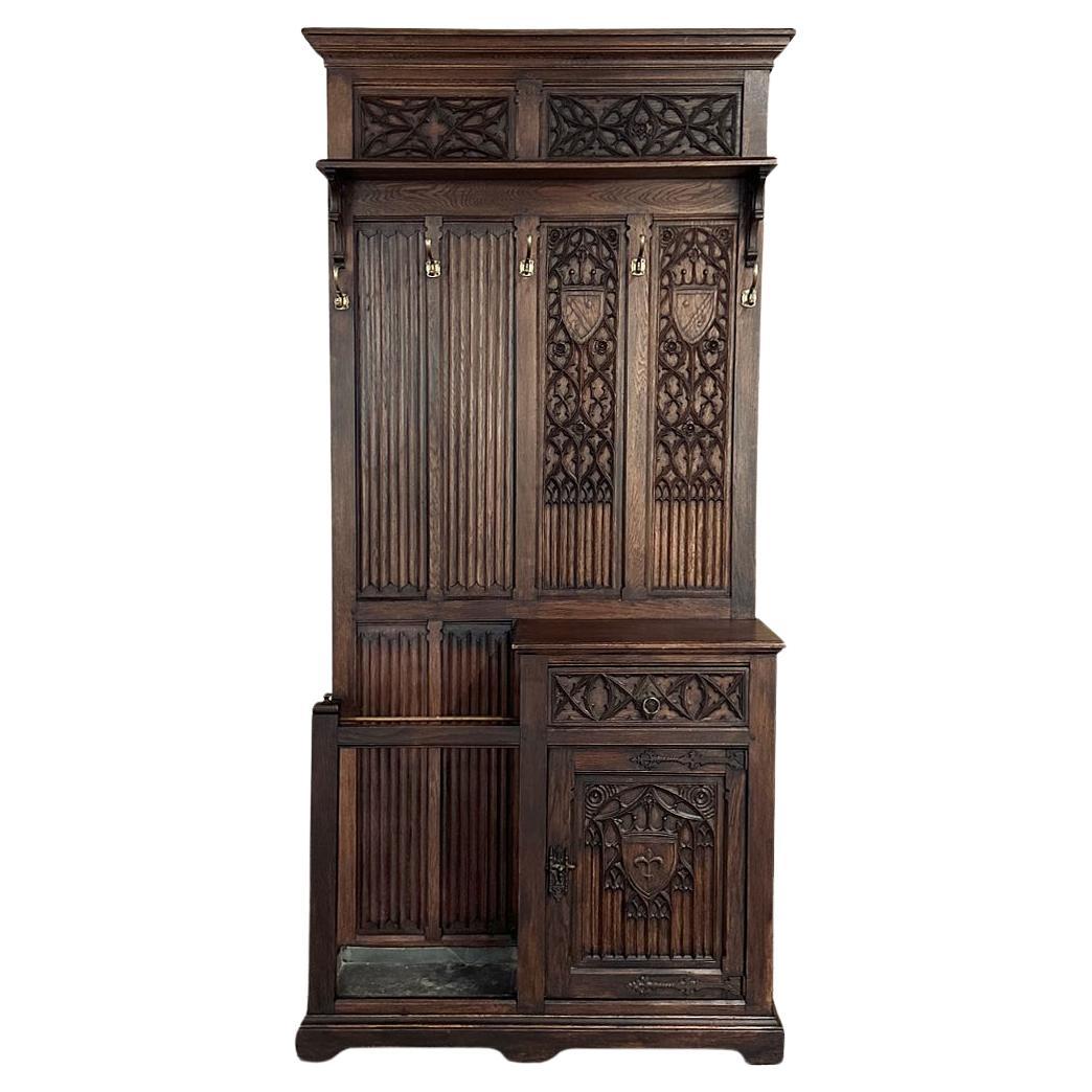 A 19th Century Gothic Carved Wood Hall Tree with Seat and Mirror. For ...