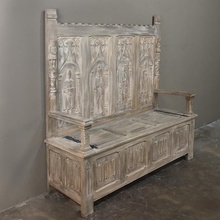 19th Century French Gothic Whitewashed Hall Bench at 1stDibs
