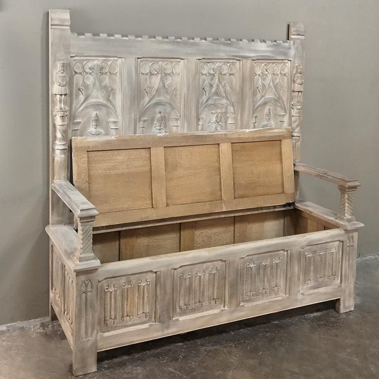 19th Century French Gothic Whitewashed Hall Bench at 1stDibs