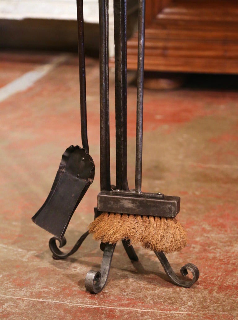 19th Century French Gothic Wrought Iron Fireplace Tool Set with Bronze ...