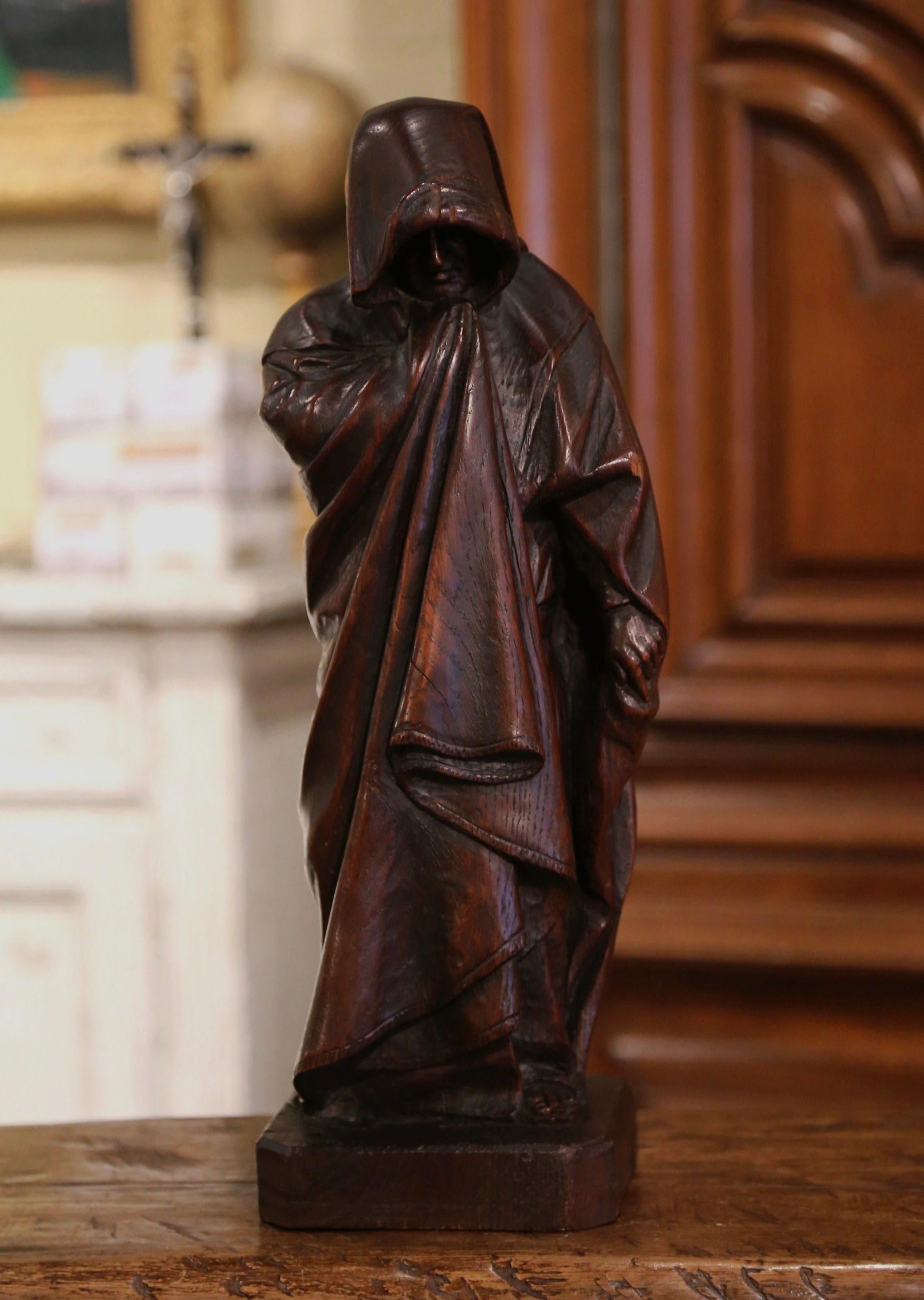 19th Century French Hand Carved Oak Monk Statue in Prayer at 1stDibs