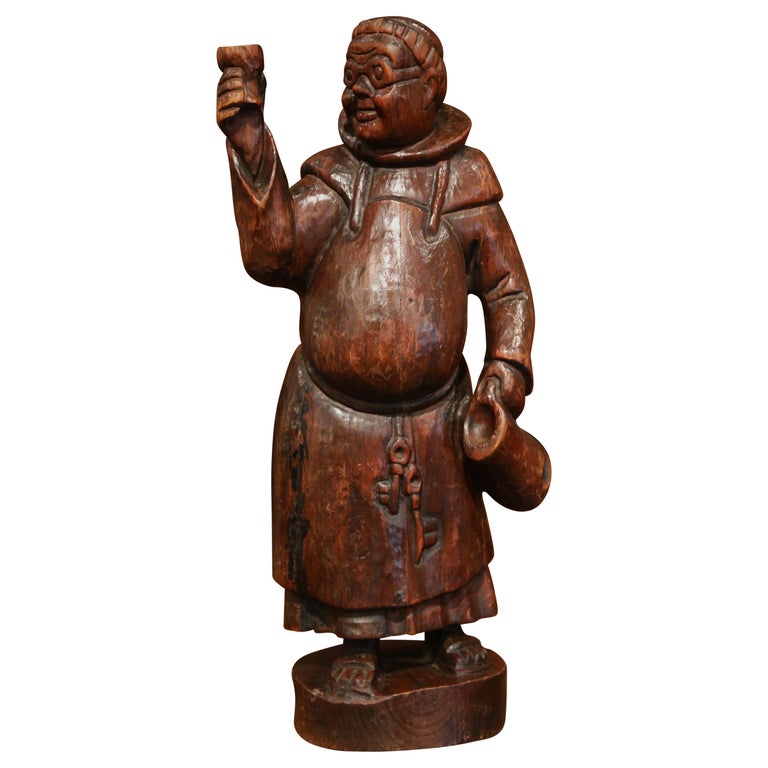 19th Century French Hand Carved Pine Drinking Monk Statue at 1stDibs