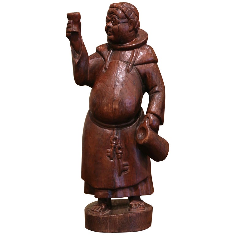 19th Century French Hand Carved Pine Drinking Monk Statue at 1stDibs
