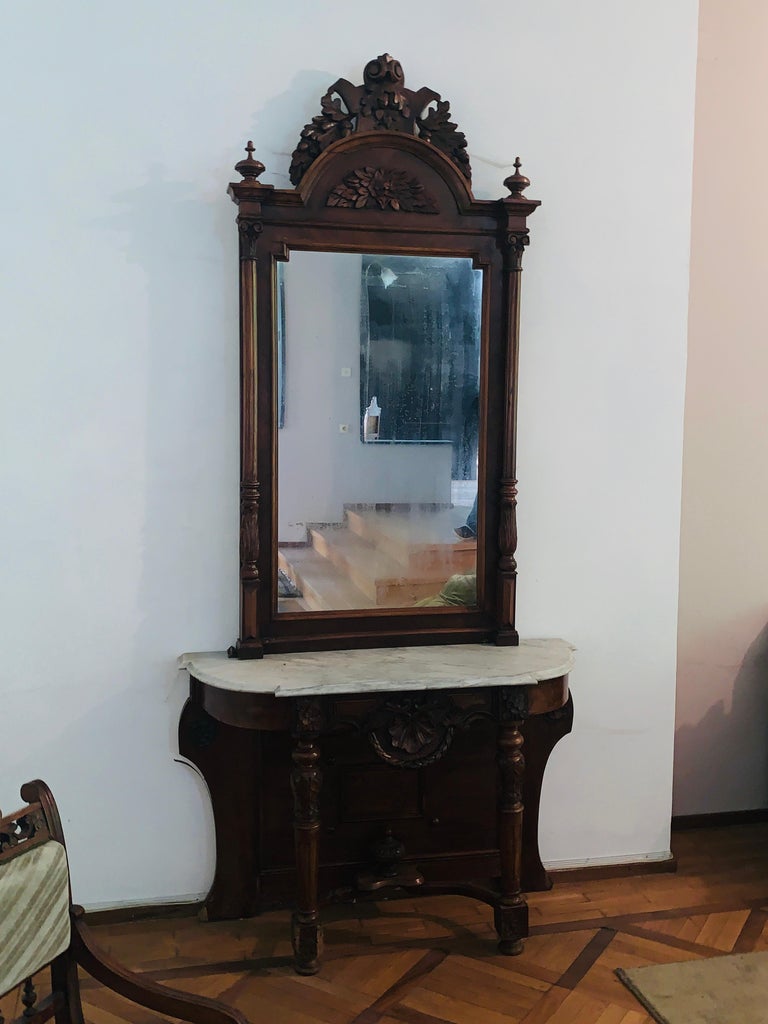 19th Century French Hand Carved Walnut Marble-Top Console Mirror For ...