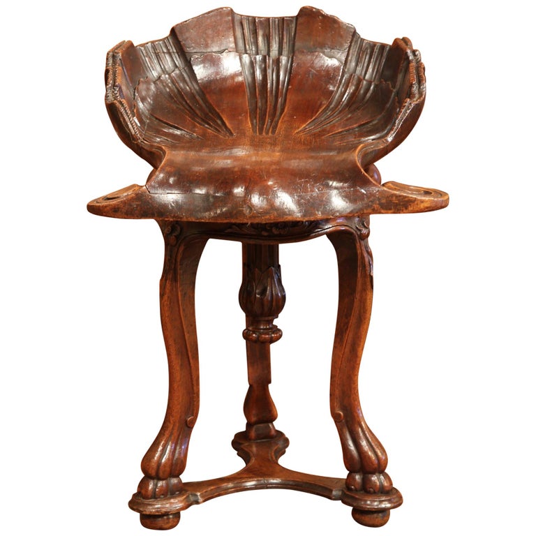 19th Century, French Hand Carved Walnut Piano Grotto Stool with Shell ...