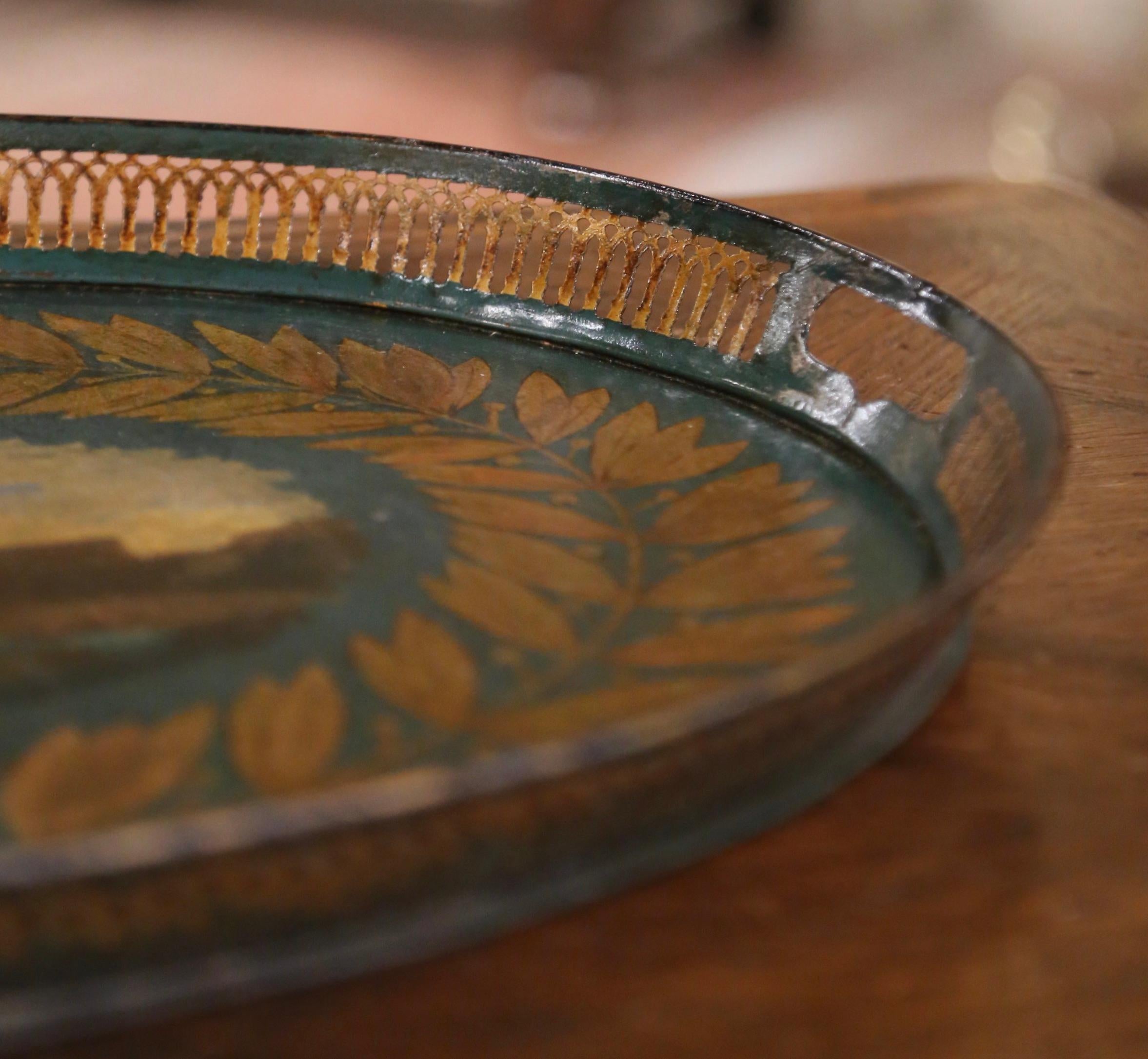19th Century French Hand Painted and Gilt Oval Tole Tray with Harbor ...