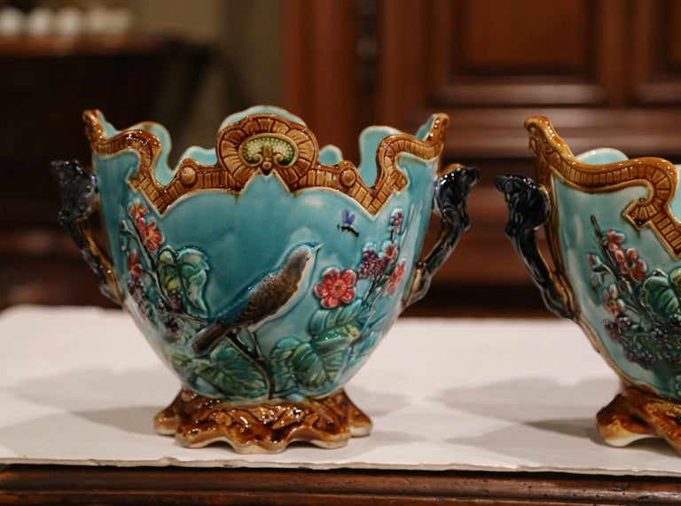 19th Century French Hand Painted Barbotine Cachepots with Bird and ...