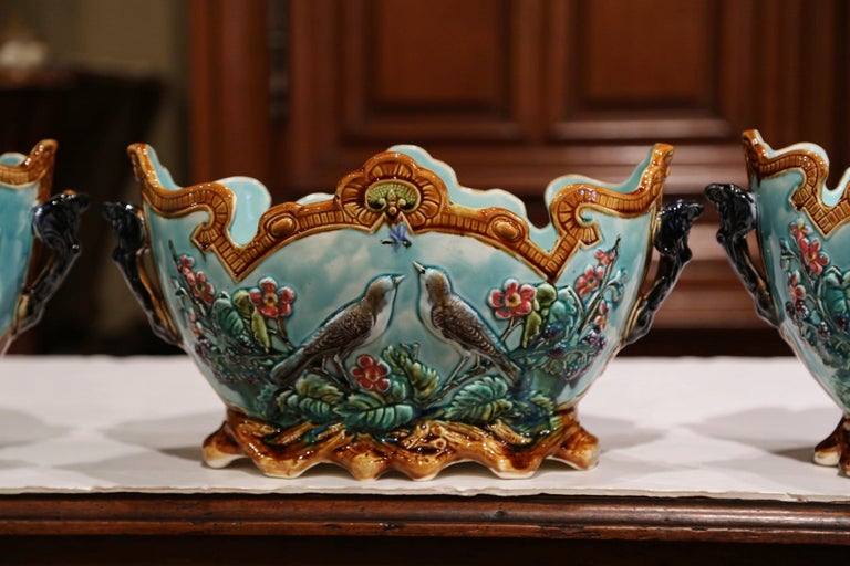 19th Century French Hand Painted Barbotine Cachepots with Bird and ...