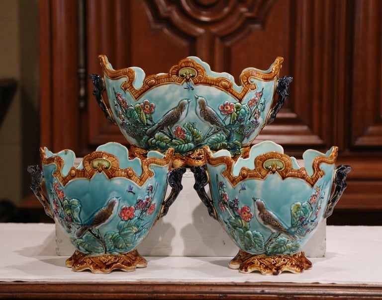 19th Century French Hand Painted Barbotine Cachepots with Bird and ...