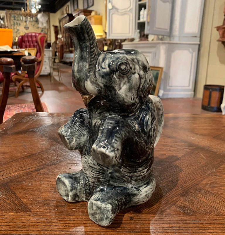 19th Century French Hand Painted Barbotine Ceramic Elephant Pitcher at ...