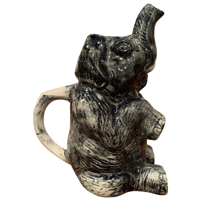 19th Century French Hand Painted Barbotine Ceramic Elephant Pitcher at ...