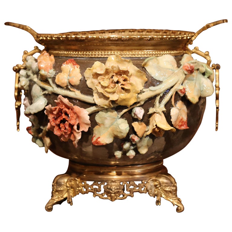 19th Century French Hand-Painted Barbotine Flower Cache Pot with Bronze ...