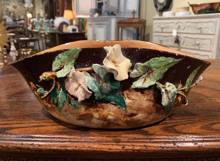 19th Century French Hand Painted Barbotine Jardinière with Floral ...