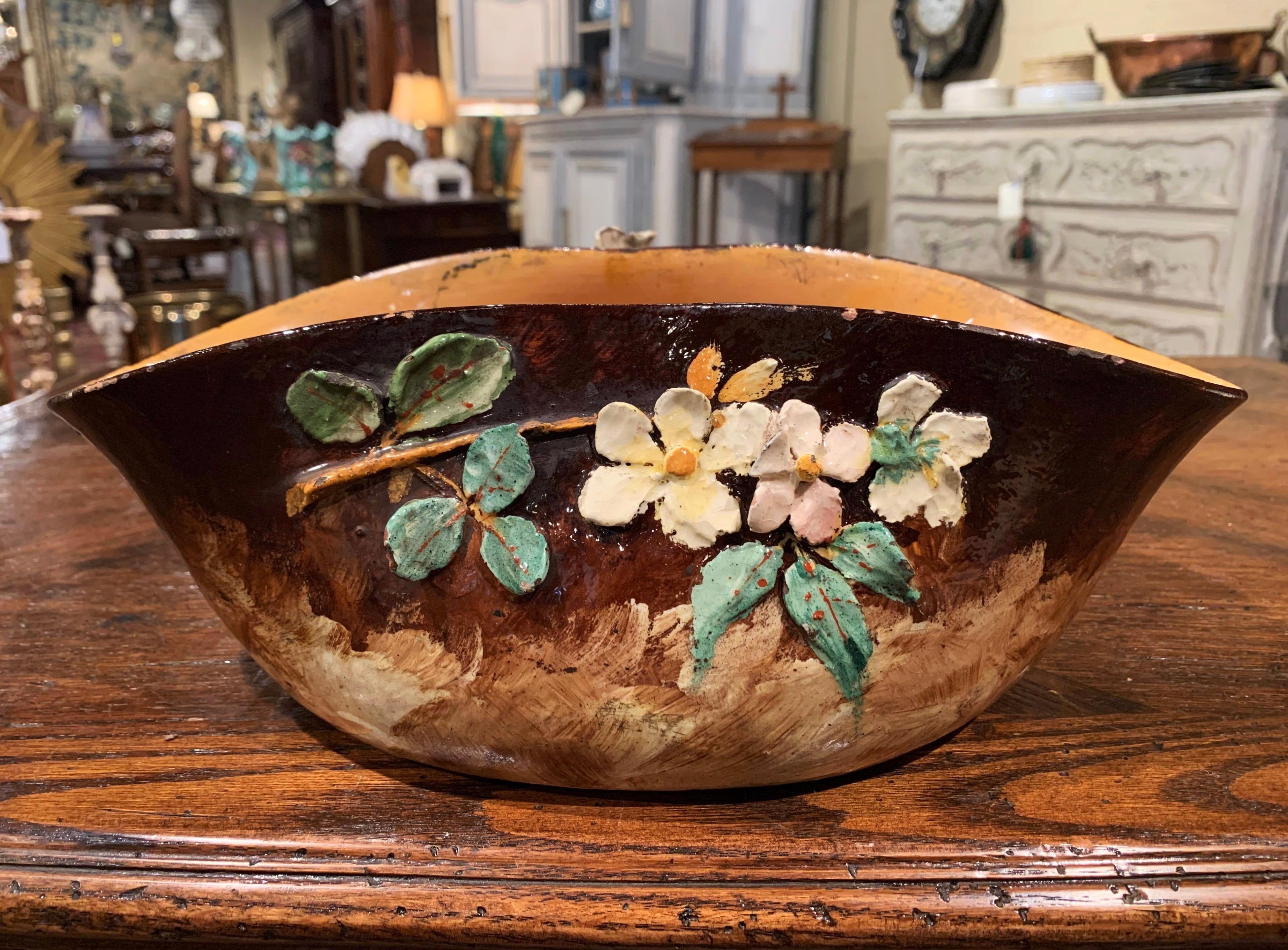 19th Century French Hand Painted Barbotine Jardinière with Floral ...