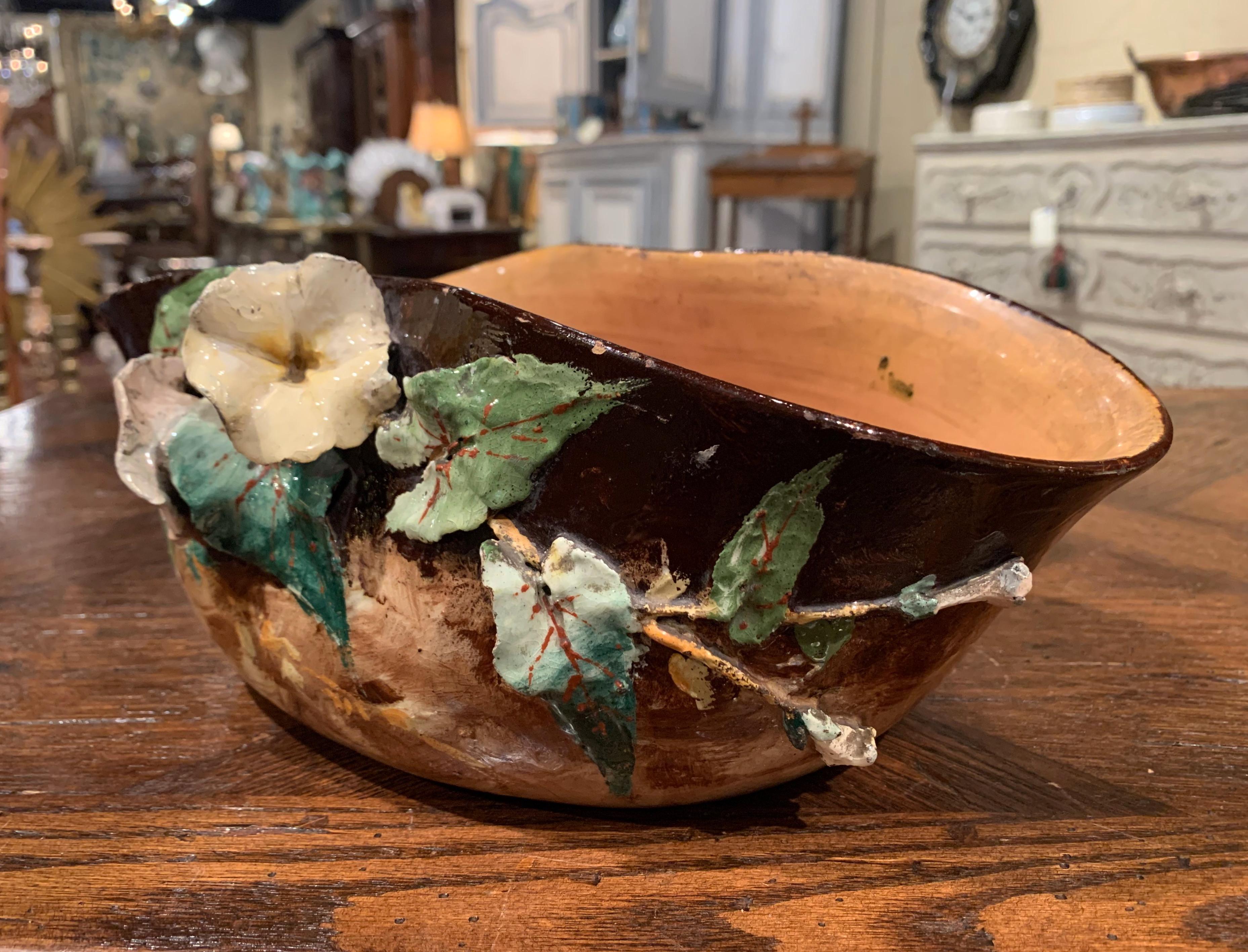 19th Century French Hand Painted Barbotine Jardinière with Floral ...