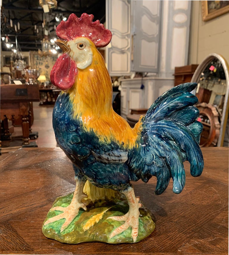 19th Century French Hand Painted Barbotine Rooster Vase Signed J ...