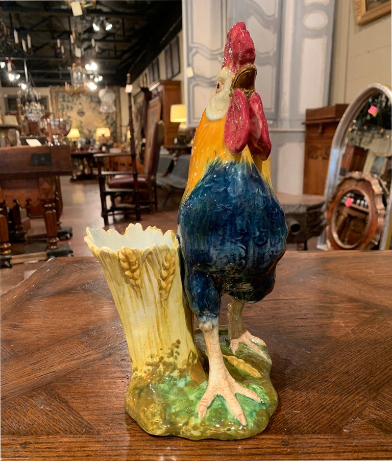 19th Century French Hand Painted Barbotine Rooster Vase Signed J ...
