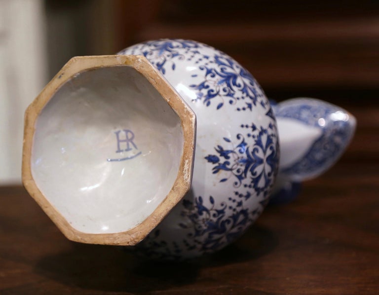 19th Century French Hand Painted Blue and White Faience Ewer Signed HR ...