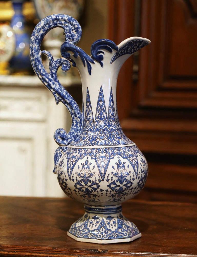 19th Century French Hand Painted Blue and White Faience Ewer Signed HR ...