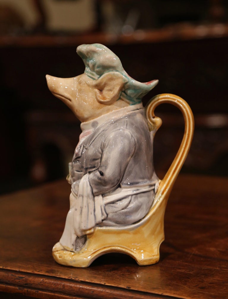 19th Century French Hand Painted Ceramic Barbotine Pig Pitcher by ...