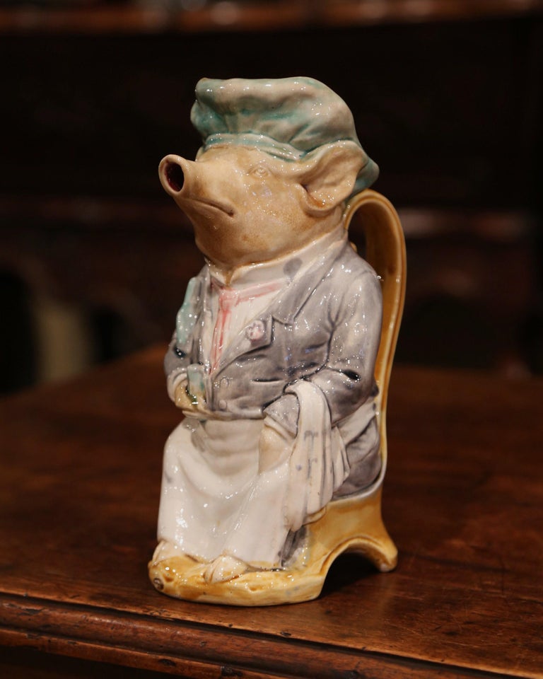 19th Century French Hand Painted Ceramic Barbotine Pig Pitcher by ...