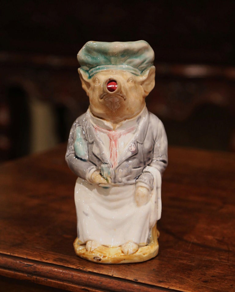 19th Century French Hand Painted Ceramic Barbotine Pig Pitcher by ...