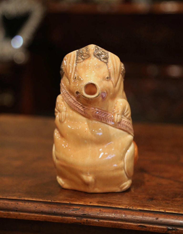 19th Century French Hand Painted Ceramic Barbotine Pig Pitcher Onnaing ...